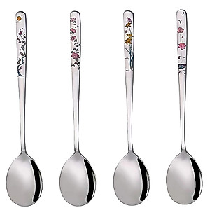 YAPULLYA Korean Soup Spoons, 18/8 Stainless Steel Long Handle 8 Inch Tablespoon, Asian Metal Dinner Spoons, Set of 4 (flowers)