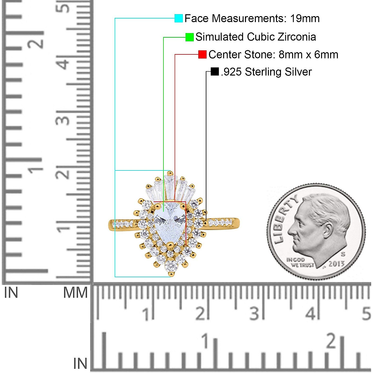 Blue Apple Co. Yellow Tone, Simulated Cubic Zirconia Size-6 Art Deco Teardrop Pear Wedding Engagement Ring Baguette Round CZ 925 Sterling Silver