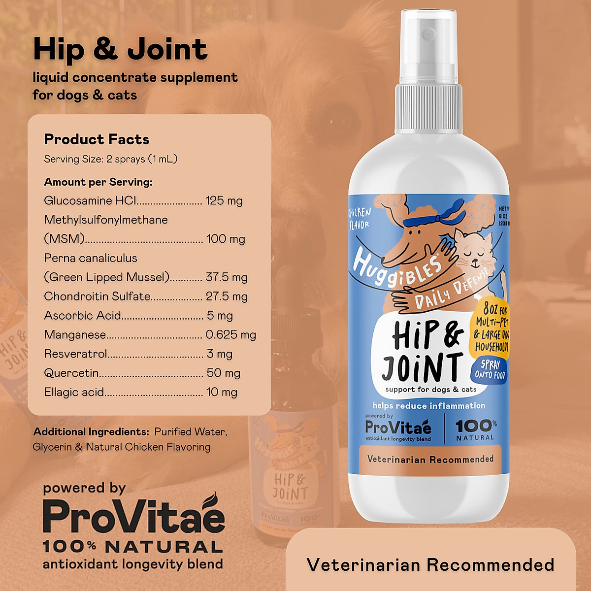 Huggibles Hip & Joint Support Liquid Supplement for Dogs & Cats – Daily Supplement for Mobility Support with Glucosamine, MSM, Chondroitin – Reduce Pain & Inflammation – Antioxidants for Longevity