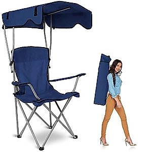TeqHome Camp Chair with Shade Canopy, Heavy Duty Max Shade Folding Camping Lawn Chair with Cup Holder, UPF 50+ Sun Protection Portable Beach Lounge Chair for Outdoor Sports Support 330 LBS (Navy Blue)