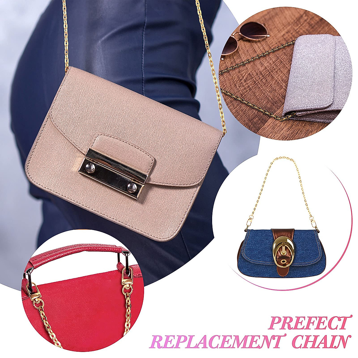 Junkin Replacement Purse Chain Strap Flat Chains Shoulder Straps Purse Link Chains Gold, Classic Style Mini Metal with Metal Slide Hook Buckles for DIY Handbags Crafts 47 Inch 31 Inch 15 Inch