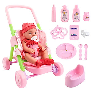 deAO Baby Doll Stroller Set Doll Playset with Smooth Rolling 11Pcs Baby Doll Feeding Accessories -12 Inch Baby Doll Set,Great Nurturing Pretend Toy for 3+ Girls…