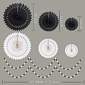 Black White Party Decorations for Halloween Theme Birthday Decor Hanging Pom Pom Fan Garland Decoration Streamer Banner Backdrop Wedding Bridal Baby Shower Bachelorette Hen Party supplies