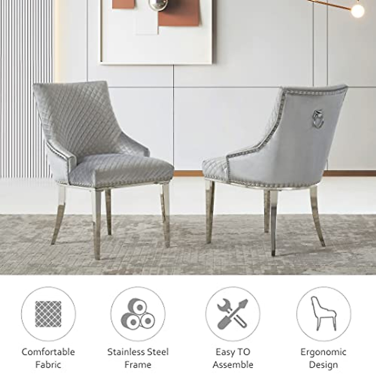 AZhome Dining Chairs, High-End Silver Gray Velvet Upholstered Dining Room Chairs with Silver Metal Legs, Set of 2