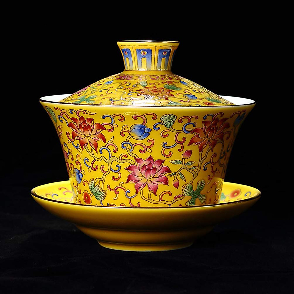 MULHUE Chinese Gaiwan Tea Lover Gift - Handmade Enamel Painted Porcelain Tea Cup Indoor Decor -Chinese Traditional Teaware Kungfu Tea bowl with Lid and Saucer -10 oz