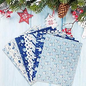 Whaline 12Pcs 18" x 22" Christmas Fat Quarter Fabric Bundles Winter Blue White Snowflake Reindeer Printed Quilting Patchwork Cotton Craft Fabric Pre-Cut Square Sheets for DIY Patchwork Sewing Crafting