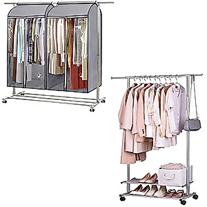 MISSLO 1 Pack 43" Hanging Garment Bags for Storage + 1 Pack 2 Shelves Clothing Racks for Hanging Clothes