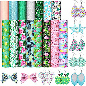 Frienda 15 Pieces Summer Faux Leather Sheets Flamingo Faux Leather for Crafts Colored Tropical Plant Fruit Leather Fabrics for Making Bows, Earrings, DIY Projects, Bags Decors, 8.3 x 6.3 Inch