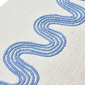 Creative Co-Op Cotton Lumbar Embroidered Curved Pattern & Tassels, Cream Color & Blue Pillow, Cream & Blie