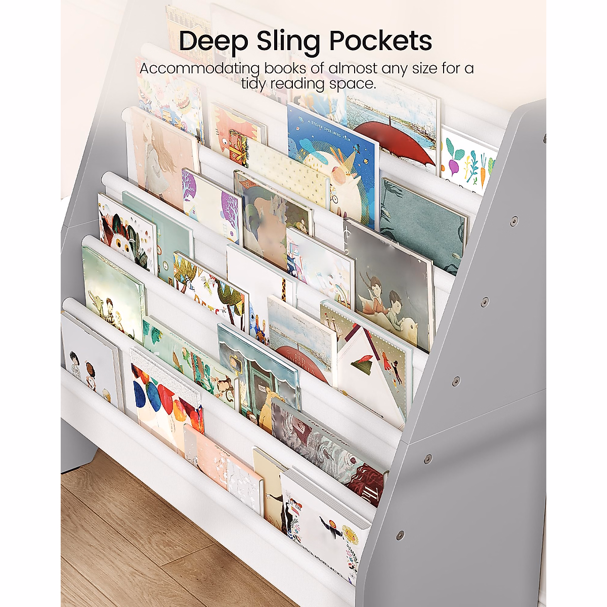 CHOEZON 6-Tier Kids Bookshelf, Kids Sling Bookcase, Magazine and Book Storage Rack, Large Capacity Book Organizer, Book Shelf for Kids Room, Bedroom, Nursery, Playroom, White and Gray MCW07WG