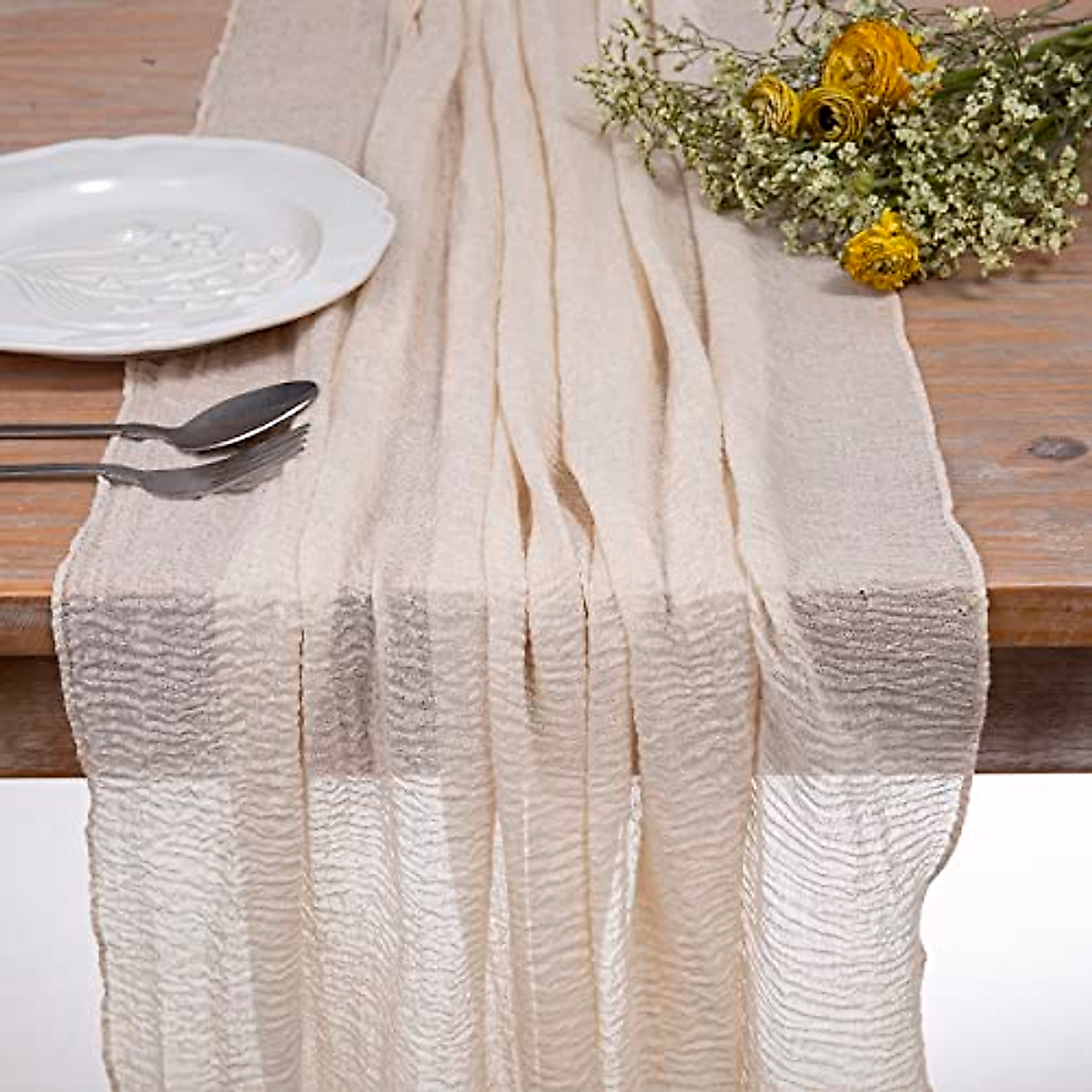 DOLOPL Beige Cheesecloth Table Runner 10FT Boho Gauze Table Runner 120inch Long Sheer Cheese Cloth Table Runner for Rustic Baby Shower Bridal Wedding Birthday Decorations