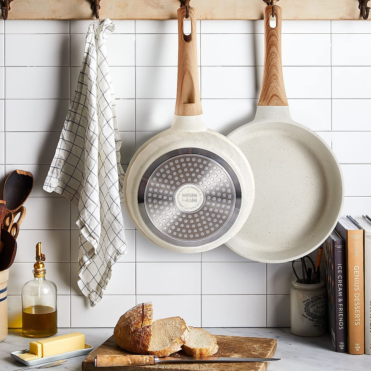 YIIFEEO Non-stick Frying Pans - Beige Nonstick Frying Pan Set Egg Omelette Pans for Cooking Set, Healthy Granite Skillet Set Kitchen Induction Cookware Chef's Pan Christmas Gift, 8", 9.5" &11"