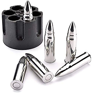 Zwin Extra Large Silver Bullets Whiskey Stones Set for Drink, 6Pcs Whiskey Ice Cubes Bullets Stones with Base, Reusable Whiskey Stones Stainless Steel Whisky Gifts for Men Dad Boyfriend