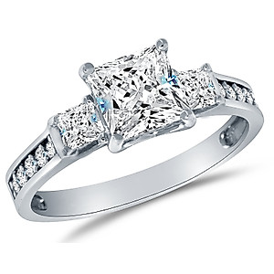 Size 7 - Solid 925 Sterling Silver CZ Cubic Zirconia 3 Three Stone Engagement Ring - Princess Cut Solitaire with Round Side Stones (1.75cttw., 1.5ct. Center) - With Elegant Velvet Ring Box