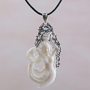 NOVICA Artisan Blue Topaz and Bone Pendant Necklace Sterling Silver Mermaid Leather Indonesia Animal Themed Birthstone Sea Lifemermaid [19.75 in L 2 mm W Pendant(s) 3 in H x 1.4 in W x 0.3 in D] '