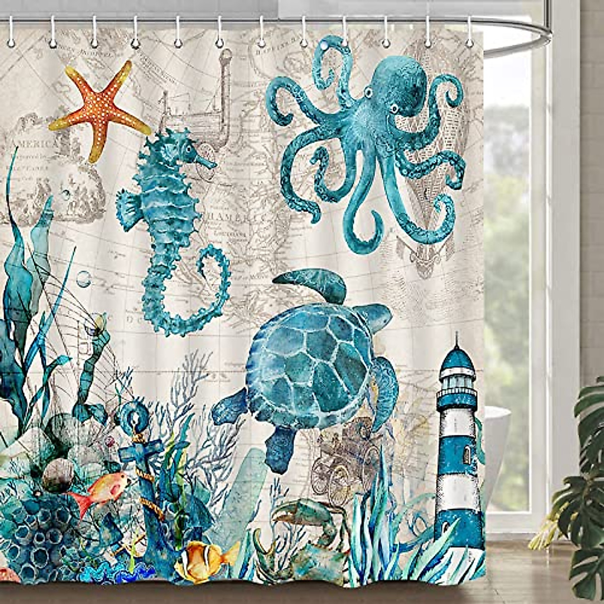 BBIOKD 4 Piece Nautical Shower Curtain Sets Ocean Sea Turtles Octopus Seahorse Beach Biological Vintage Map Lighthouse Rugs Toilet Lid Cover Bath Mat Bathroom Curtains Set 12 Hooks
