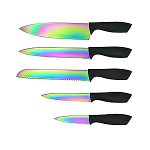 Stainless Steel Knife Set，5Pcs Kitchen Knife Set With Rainbow Titanium Coating Blade,Extremely sharp Non Stick Non Rust Knife Set with Comfortable Handle (Black)