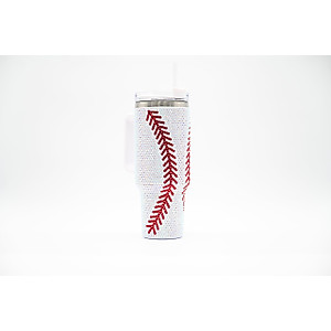 SEM LIFE 40 Oz Rhinestone Bling Tumbler Cup with Handle and Straw (BASEBALL), Stainless Steel and Double Wall Insulated