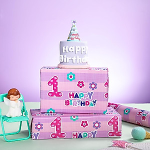 WRAPAHOLIC 1st Birthday Wrapping Paper - Mini Roll - 17 Inch x 33 Feet - Pink Happy Birthday with Floral Design for Birthday, Party, Holiday