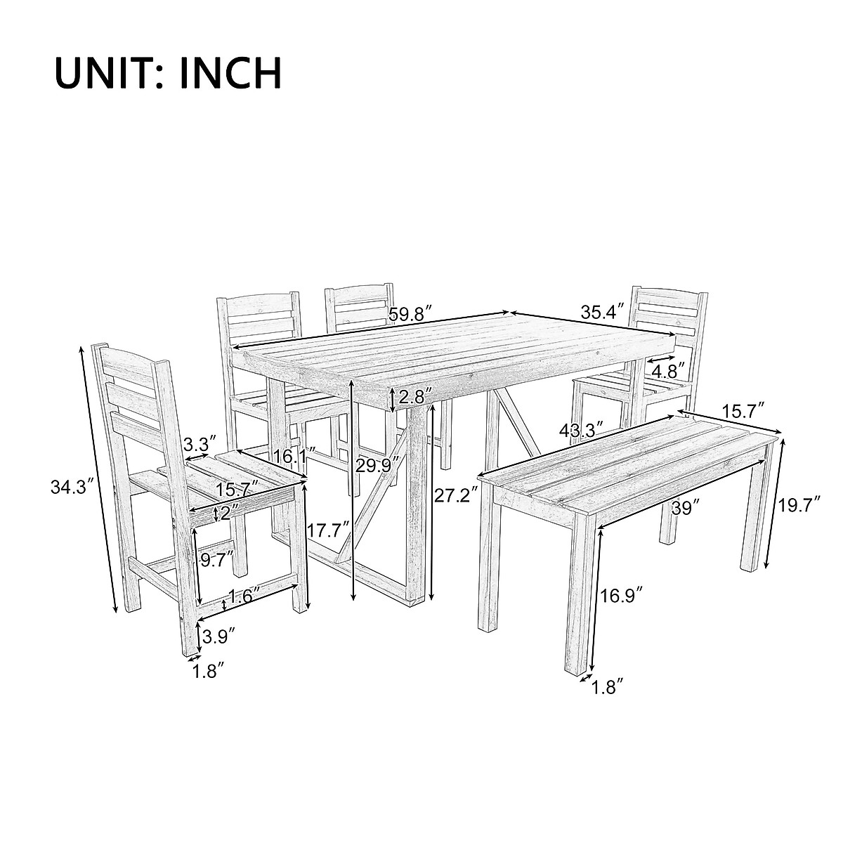 6 Person Outdoor Acacia Wood Dining Table Set, All Weather 6 Pieces Conversation Set, 60'' Rectangle Dining Table with 4 Chairs and Bench for Patio Backyard Garden Poolside Balcony (Natural-26)