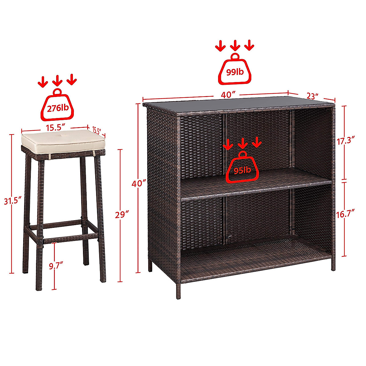 Yaheetech 3pcs Patio Bar Set, Outdoor Wicker Bar Furniture with 2 Storage Shelves, Glass Top Table, Removable Cushions and Two Stools for Backyards, Porches, Gardens or Poolside