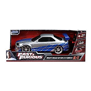Jada Toys Fast & Furious Brian's Nissan Skyline GT-R (Bnr34)- Ready to Run R/C Radio Control Toy Vehicle, 1: 16 Scale, Silver and Blue, (99370)