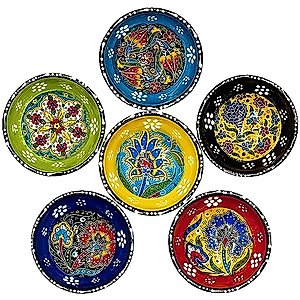 HeraCraft 6pcs Hand Painted Turkish Ceramic Snack Bowls 3.35''/8.5cm-74ml/2.5 oz Decorative Ottoman Tulips Design Multi-Purpose Cute Set - Pinch Sauce Dipping Finger Small Serving Bowls
