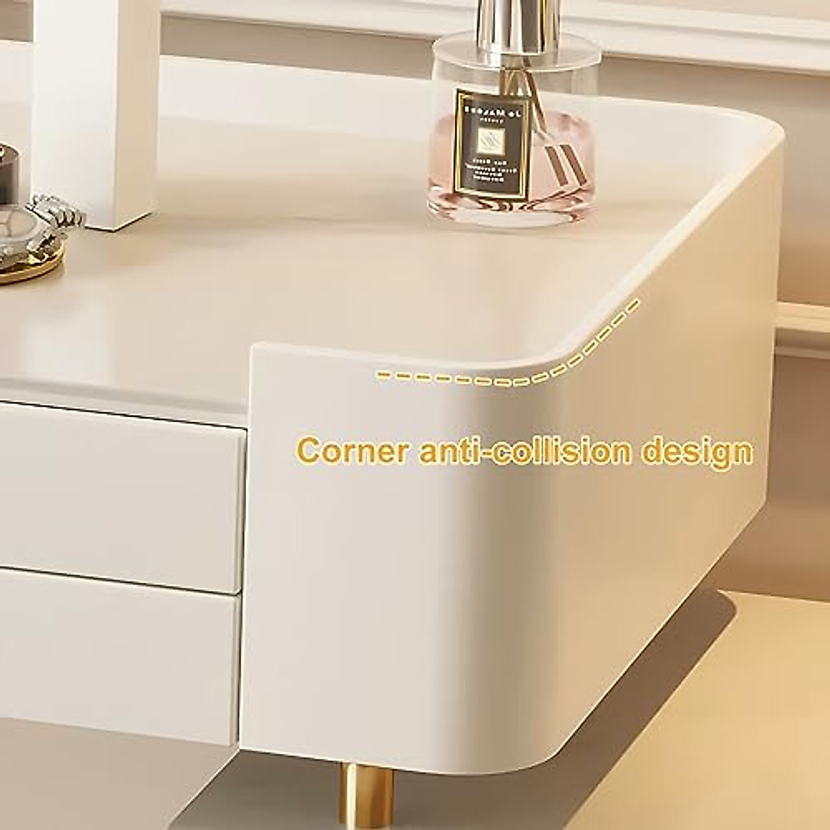 Attega Makeup Vanity Set, Vanity Table with Slate Tabletop, Dressing Table Set with Round Makeup Stool with Backrest for Bedroom