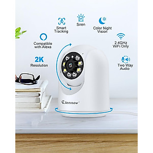 Jennov 2K Pan/Tilt Indoor Cameras for Home Security - 2.4 GHz Pet Dog Camera with Phone App, WiFi Baby Camera Monitor, Color Night Vision, Motion Detection, Auto Tracking, Compatible with Alexa