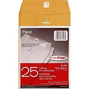 Mead Mailing Envelopes, Clasp Closure, 6" x 9", All-Purpose 24-lb Paper, Brown Kraft Material, 25 per Box (76018)