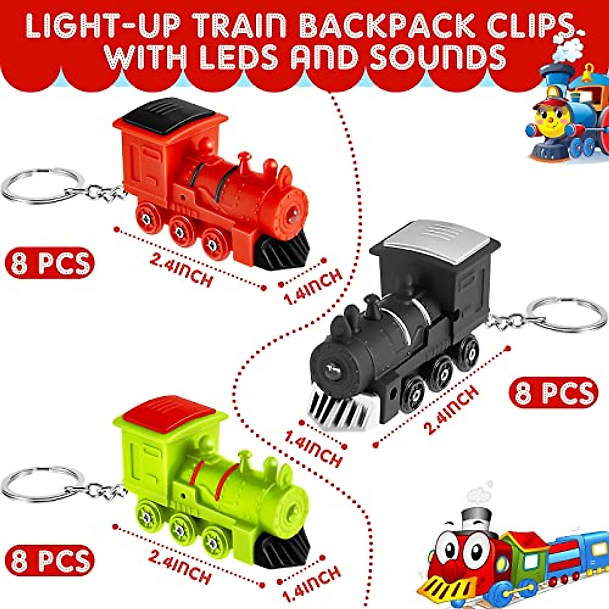 24 Pcs Trains Party Favors Train Keychain Light Up Backpack Clips with LEDs and Sounds LED Train Party Birthday Supplies Fun LED Light Up Keychains Classroom Rewards Goodie Bag Filler Carnival Prize