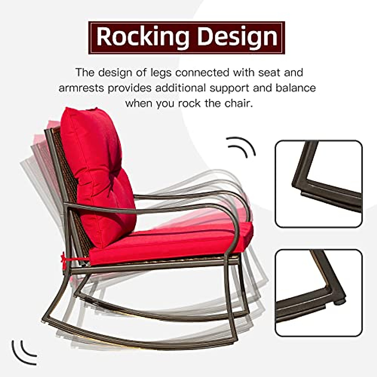 Domi Outdoor Bistro Set 3 Pieces Rocking Chairs Wicker with Curved Armrest Patio Furniture with Glass Top Coffee Table (Red Cushion)