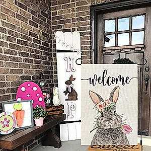 CROWNED BEAUTY Easter Grey Bunny Garden Flag 12x18 Inch Double Sided for Outside Burlap Small Welcome Yard Holiday Flag CF702-12