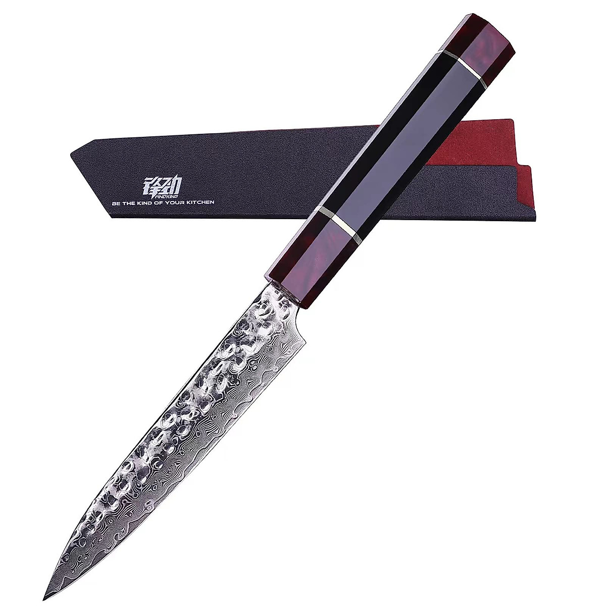 FINDKING 5 Inch Kitchen Utility Knife with ABS sheath, Multi-Purpose Japanese Paring Knife, Damascus Steel Blade, Resin Octagonal Handle, Small, for Fruits Vegetables (Eternity Series)