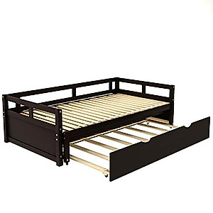RUNWON Extendable Daybed with Trundle,Wooden Platform Sofa Bedframe Space Saving Twin to King Size Extend Bed Furniture for Bedroom Living Room