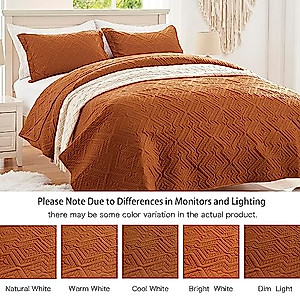 Full Queen Size Burnt Orange Rust Quilt Set - Lightweight 3-Piece 90''x98'' Bedspread Coverlet with Checkered Pattern, Soft Warm Microfiber Bed Cover for All Seasons (1 Quilt, 2 Pillow Shams)