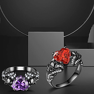 Gothic Jewelry Purple Red Black Crystal Unique Black Skull Rings for Women Halloween Christmas Gifts (Purple, 7)