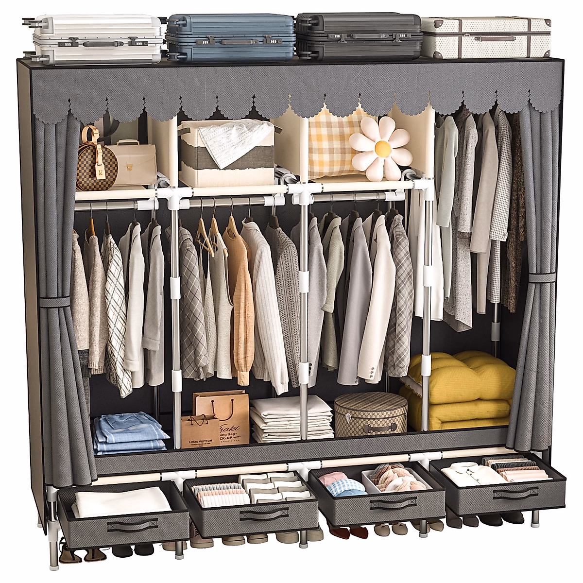 LEAIJIAFY Large Portable Armoire Wardrobe Closet with 4 Hanging Rods and Drawers,Gray Metal Storage Wardrobe Clothes Rack with Dust Cover for Hanging Clothes,67.7 in Width,Bedroom