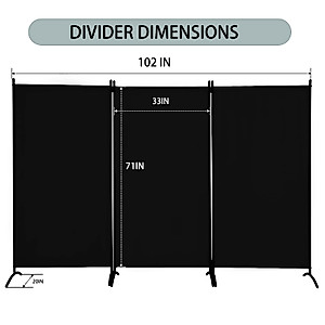 Room Divider 3-Panel Privacy Screen, Portable Screen Steel Frame with Hook&Loop for Home, Office, Classroom, Studio, Meeting Black