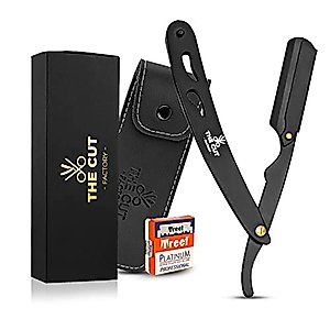 The Cut- Factory- Straight Razor with 100 Pack Platinum Treat Single Blade Razors for Men- Professional Barber Straight Edge Razor for Close Shaving 100 Percent Stainless Steel-Black