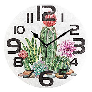 Oreayn Tropical Cactus Flower Wall Clock for Home Office Bedroom Living Room Decor Non Ticking Green