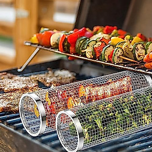 Yunsuelo BBQ Net Tube - Rolling Grilling Basket, Greatest Grilling Basket Ever, Stainless Steel Wire Mesh Cylinder Grill Basket, Portable Outdoor Camping Non-Stick Barbecue (7.87in 2pack)