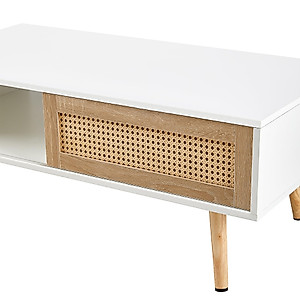 YOUGUO Boho Coffee Table for Living Room, 41.3" Rattan Coffee Table with Sliding Doors & Open Storage Shelf, Mid-Century Center Table for Small Space, White