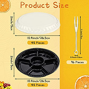 Mimorou 48 Pcs Round Plastic Veggie Tray with Lid, Disposable Serving Tray, Fruit 6 Sectional Appetizer Lid & Forks, Catering Trays for Snack Party Buffet