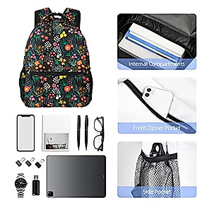 Black Flowers Backpack for Girls - Colorful Floral School Backpacks Wildflowers Plants Bookbag Spring Botanical Foliage Rucksack Seasonal Herb Leaves Daypack Travel Bag