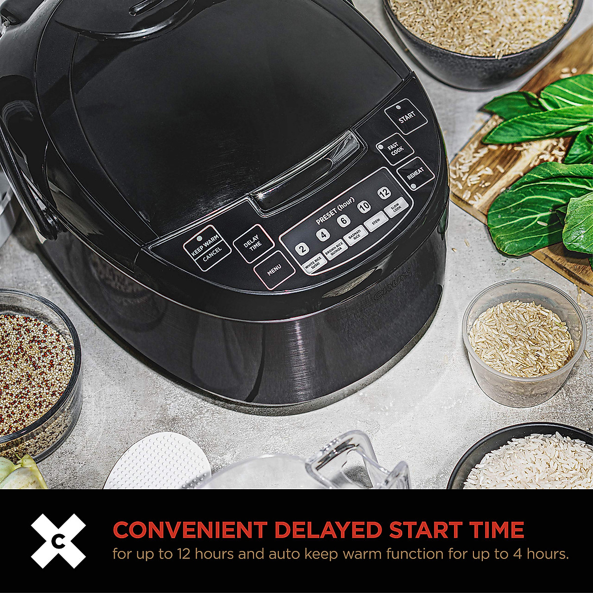 Crux 12 Cup Non-Induction Rice Cooker, Multi-Cooker, Food Steamer, Slow Cooker, Stewpot, Easy One-Pot Healthy Meals, Dishwater Safe, Non-Stick Bowl, Black, one size