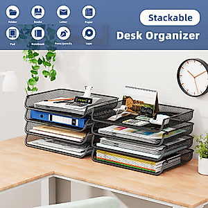 4 Pack - Simple Trending Stackable Office Desk Supplies Organizer, Desktop File Document Letter Tray Holder Organizer, Black
