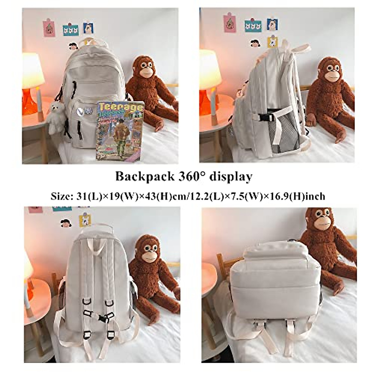 Mildame Cute Girls Plush Pendant Backpack, Kawaii School Backpack with Pin and Accessories, Aesthetic Elementary Kids Book Bags