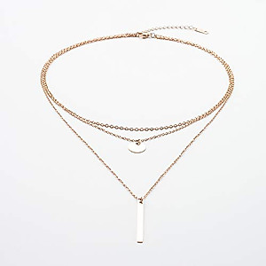 LETTARIUS Disc Bar Pendant Layering Necklace Stainless Steel Rosegold Cute Charm Multi Layered Chain Choker Collar Fashion Statement Jewelry for Women