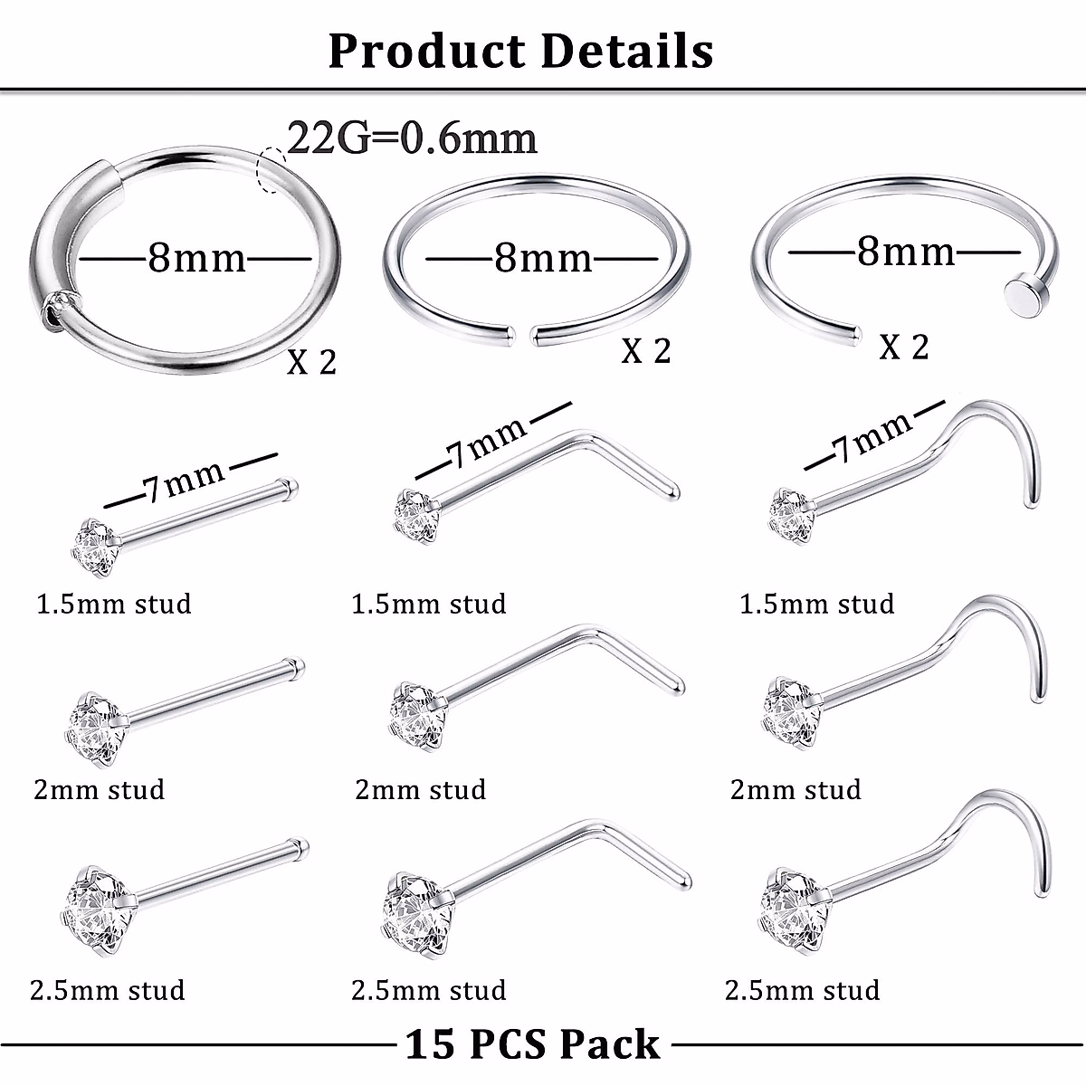 FINREZIO 15PCS 22G 20G 18G Surgical Steel Nose Rings Hoop Studs Cartilage Earrings Body Piercing Jewelry 1.5mm 2mm 2.5mm CZ (A:22G,8MM Silver Nose Ring)